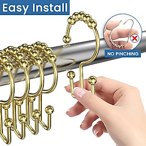 BATHDESIGN Shower Curtain Hooks Rings, Rust Proof Stainless Steel Shower Curtain Hooks Double Sided for Bathroom Shower Rods Curtains, Set of 12, Gold