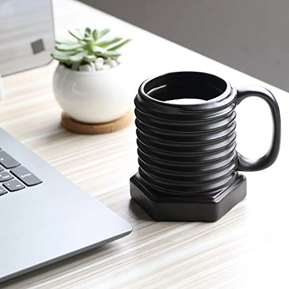 EPFamily 3D Ceramic Cool Mug Black Coffee Mugs Porcelain Attractive Day Gift Mug-Screw Cap Shape Durable Cup Gifts for Man Father Dad Grandfather Women Home Office 12 oz