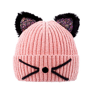 Girls Sequin Cat Ears Hats Cute Winter Beanies Hat for Outdoor Snow Ski Warm Knit Caps (Age 7-15)