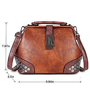 Mn&Sue Gothic Rivet Studded Vintage Doctor Style Cross Body Convertible Bucket Shoulder Handbag for Women (Brown)