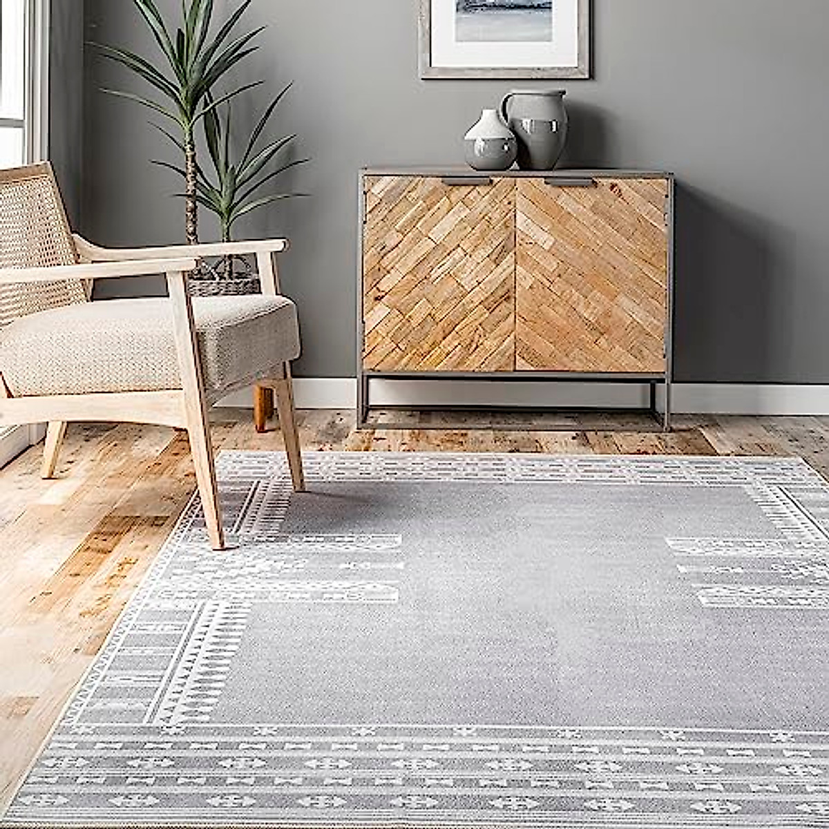 nuLOOM Joelle Machine Washable Tribal Geometric Border Ultra Thin Area Rug, 8' x 10', Light Grey