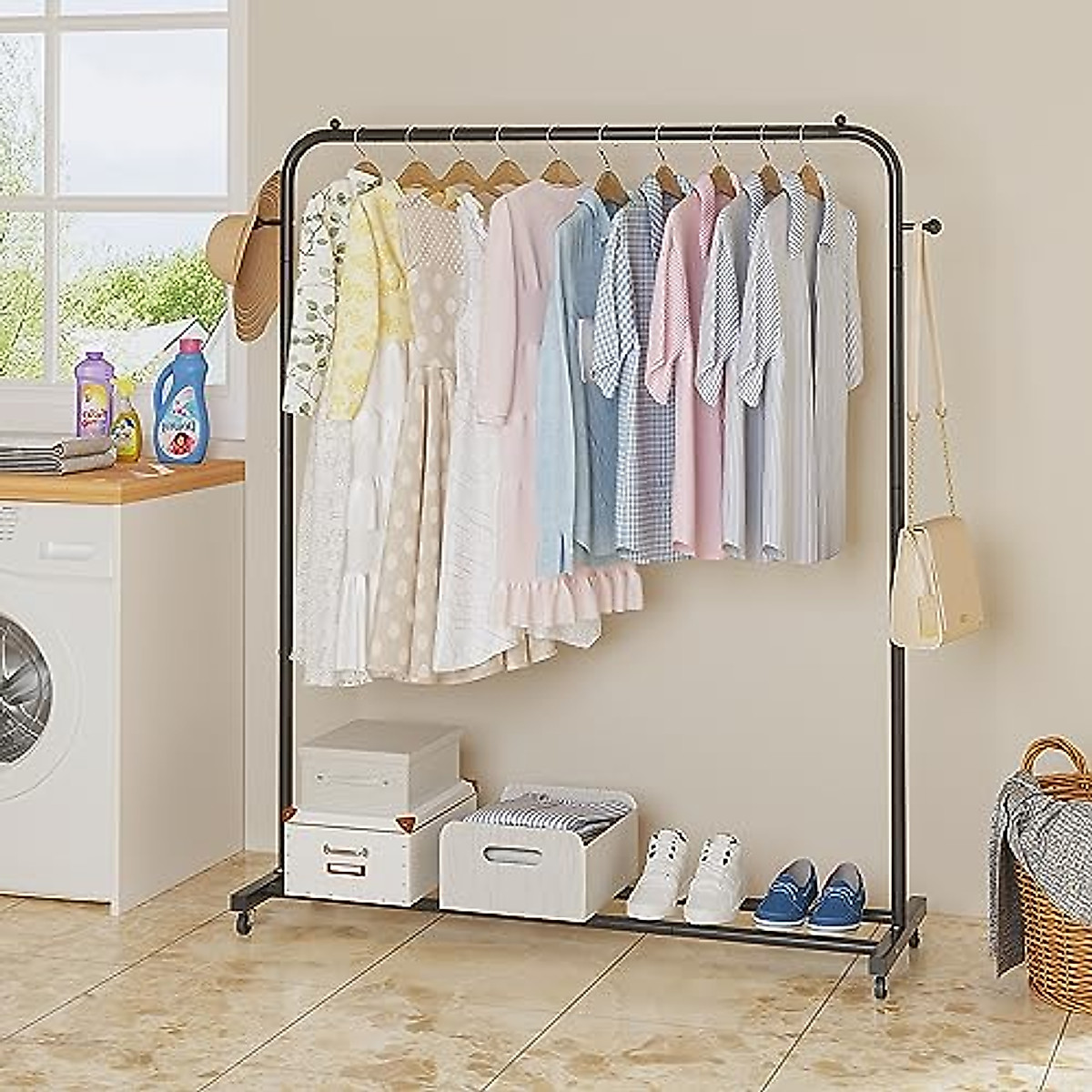 Boeeoan Garment Rack, Freestanding Simple Single Pole Clothes Rack With Wheels, Coat Rack, Multi-functional Rolling Clothing Storage Rack With 2 Hooks for Bedroom, Laundry Room, Living-room, Black
