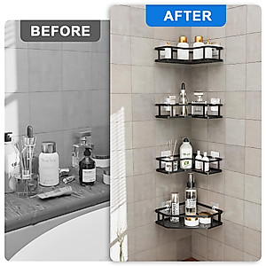 FJNATINH Corner Shower Caddy - 4 Tier Shower Organizer Corner Shelf Stainless Steel Floor Corner Shower Stand Rack for Bathroom Balcony Kitchen, No Drilling Shelves, Adhesive Shower Caddy