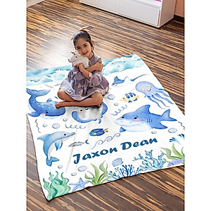Custom Baby Marine Life Blanket Soft Lightweight Personalized Name Blankets Warm Cozy Plush Throw Blanket for Couch Bed Sofa Personalized Gifts S 40×50in for Kids/Child