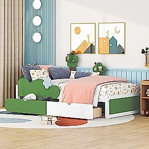 Merax Twin Bed with Clouds and Rainbow Decor, Wood Bed Frame with Storage Drawers for Kids