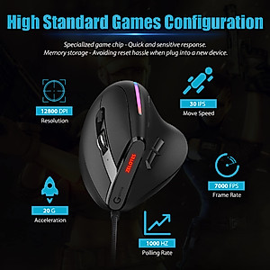TRELC RGB Gaming Mouse, Ergonomic Mouse with 12800 DPI/9 Programmable Buttons, On-Board Memory, Lightweight Vertical Optical Gaming Mice Wired for Windows/PC/Laptop/E-Sports/Gamer (Black)
