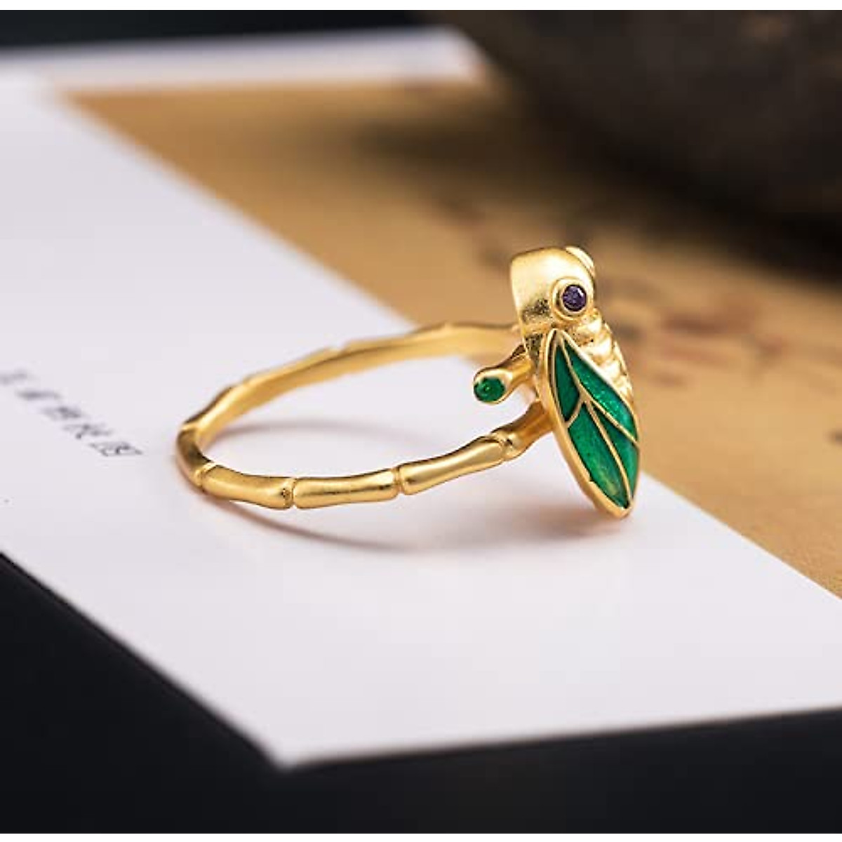 Helen de Lete Colorful Golden Cicada S925 Sterling Silver Adjustable Ring For Men and Women