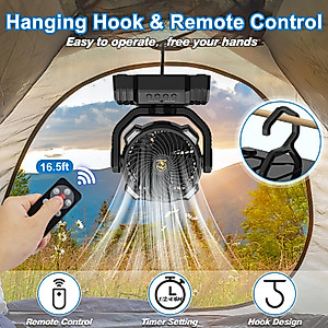 Multper 10000mAh Rechargeable Camping Fan, USB Battery Operated Powered Shaking Head Fan with LED Lantern, 4 Speed 4 Timing Outdoor Tent Fan for Camping with Remote & Hook for Fishing,Travel, Jobsite