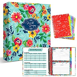 Recipe Binder, 9.5 inch x 11 inch 3 Ring Recipe Binder Kit with 50 Plastic Protectors, 100 5 inch x 7 inch Recipe Cards & 8 Category Divider Tabs, Organizer Set Watercolor Floral in Blue Design (XL)