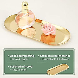 2PACK Gold Decorative Tray, Bathroom Vanity Tray for Dresser Counter, Kitchen Sink Tray for Soap Dispensers, Stainless Steel Jewelry Tray, Perfume Ring Key Candle Organizer Tray, Oval