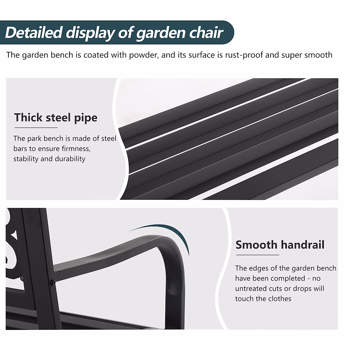 Ruesleag Garden Bench,Outdoor Bench Metal Bench Patio Porch Furniture with Sturdy Steel Frame for Lawn Park Deck Black