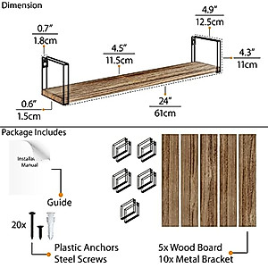 Wallniture Avila 24" Floating Shelves for Wall, Kitchen Organization & Office Shelves, Bookshelf for Living Room Decor, Laundry Room Shelves Set of 5 Burnt Finish