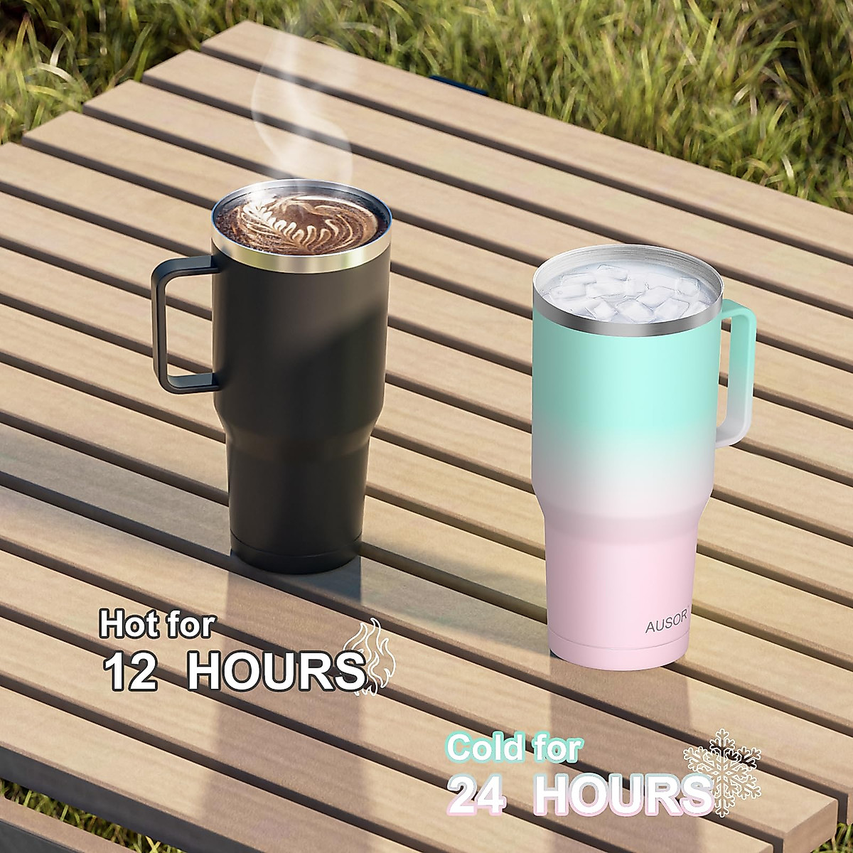 AUSOR 30 oz Tumbler with Lid and Straw,Water Bottle with Handle,Insulated Stainless Steel Tumbler for Hot & Cold, Coffee Travel Mug Cups Reusable,Blue to Pink