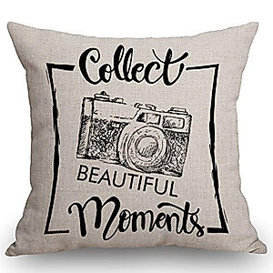 SSOIU Motivational Quote Throw Pillow Cover, Collect Beautiful Moments with Retro Camera Decorative Throw Pillow Covers Cotton Linen Pillow Cases 18“ x 18” for Home Decor