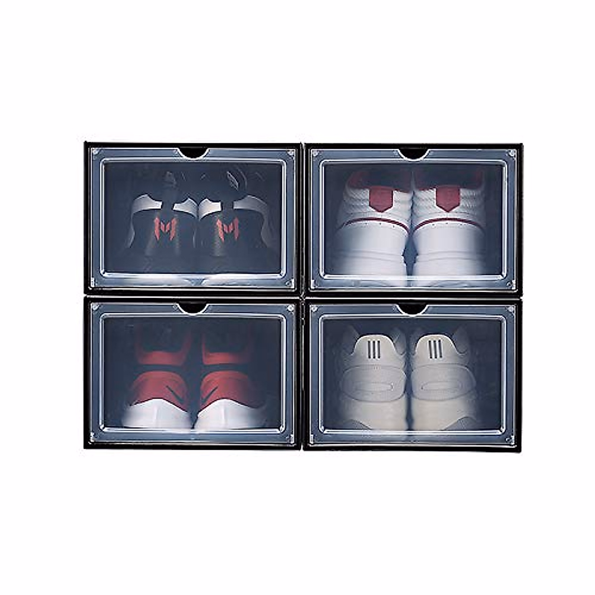 stackable sports shoe box, rear-opening magnetic door shoe box,Transparent Shoe Storage Container , large sturdy storage box | Family organization and storage (black, 4Piece)