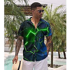 ALISISTER Men Shirt Flash Lava 3D Graphic Hawaiian Tropical Aloha Slimming Fit Tops Short Sleeve Button Down Collar Summer Beach Clothing