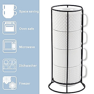 Buyajuju Porcelain Stackable Coffee Mugs Set of 4 with Metal Stand, 13 Ounce Stackable Different Embossment Coffee Cup holder for Coffee, Tea, Cocoa, Drinks, White