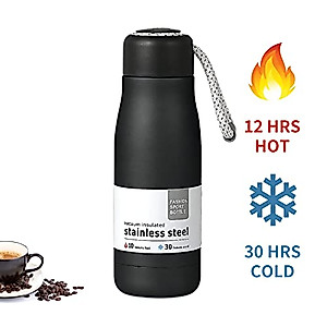 Stainless Steel Vacuum Insulated Water Bottle, Hydro Insulated Thermal Flask, Thermos Coffee Travel Mug, Double Walled Metal Tumbler, Keeps Cold And Hot, Leak-proof Lid with Carrying Loop, Black, 13oz