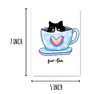 OystersPearl Fur-Tea Funny Birthday Card - Cat Lover Funny Birthday Card - Funny Cat Pun - Cat Coffee - Funny Card - Cat Lover Gift Card