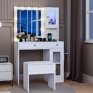 Ksuefao Vanity Desk with LED Lighted Mirror & Charging Station, Makeup Vanities Table with 2 Drawers for Bedroom, Storage Bench Included, White