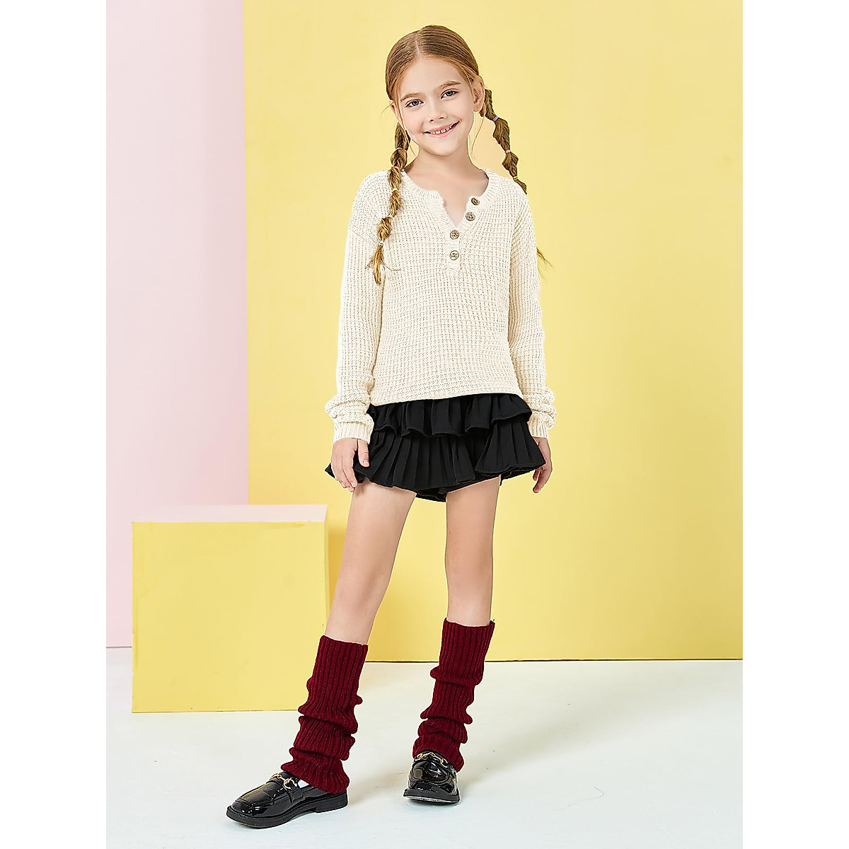 rrhss Girls Waffle Knit Sweaters Trendy Henley Button V Neck Long Sleeve Pullover Jumper Tops Off-White