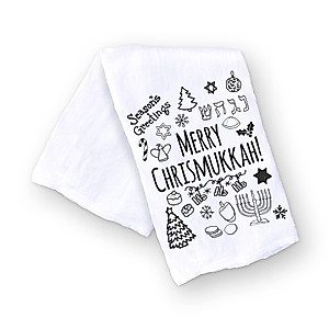 Funny Jewish Holiday Kitchen Towel, Hanukkah and Shabbat Jewish Holiday Gift for Housewarming or Hostess, Handmade Dish Towel (Chrismukkah)