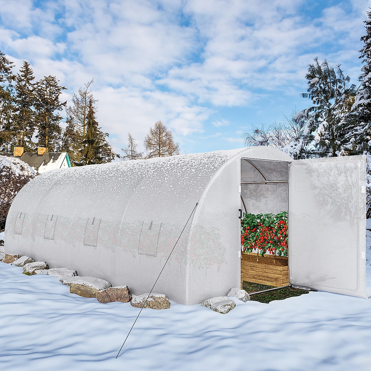 YITAHOME 20x10x7ft Greenhouse Extra Large Heavy Duty Large 2 Swing Doors Walk-in Greenhouses Tunnel Green Houses Outdoor 8 Windows Gardening Upgraded Galvanized Steel Garden, White