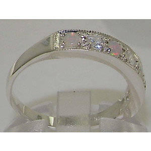 LetsBuyGold 14k White Gold Natural Diamond and Opal Womens Band Ring (0.18 cttw, H-I Color, I2-I3 Clarity)