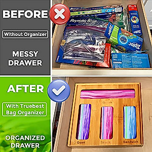 TrueBest Ziplock Bag Organizer for Kitchen Drawer - Food Bag Storage Ziplock Organizer- Sliding Lid for Easy Refill-Natural Bamboo Kitchen Zip Lock Bag Organizer for Gallon, Quart, Sandwich, Snack Bags - Plastic Bag and Baggie Dispenser Holder (Bamboo)