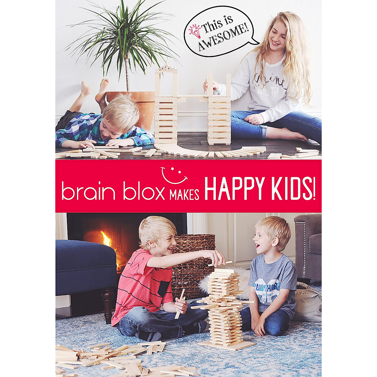 Brain Blox Natural Wooden Blocks for Kids Ages 4-8 - Montessori Blocks for Hands-on Learning - STEM and Architecture for Kids (100 Building Blocks)
