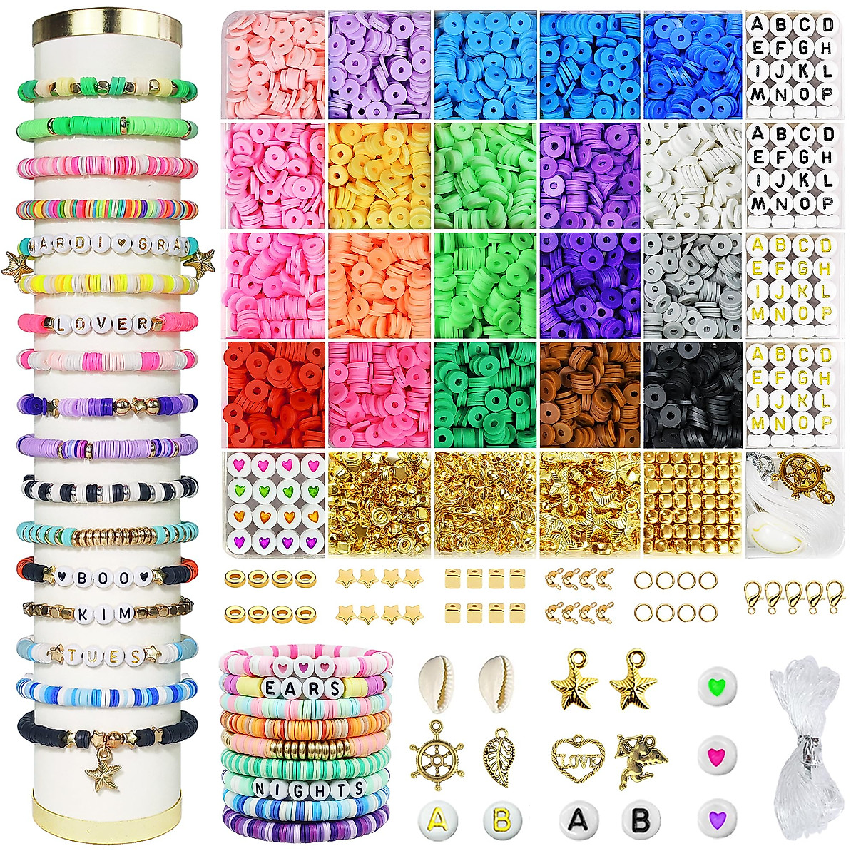 Redtwo 3400 Pcs Clay Beads Bracelet Making Kit, Friendship Bracelet Kit for Jewelry Making, Flat Polymer Heishi Beads with Charms, Gifts Crafts Set for Girls Ages 6-12