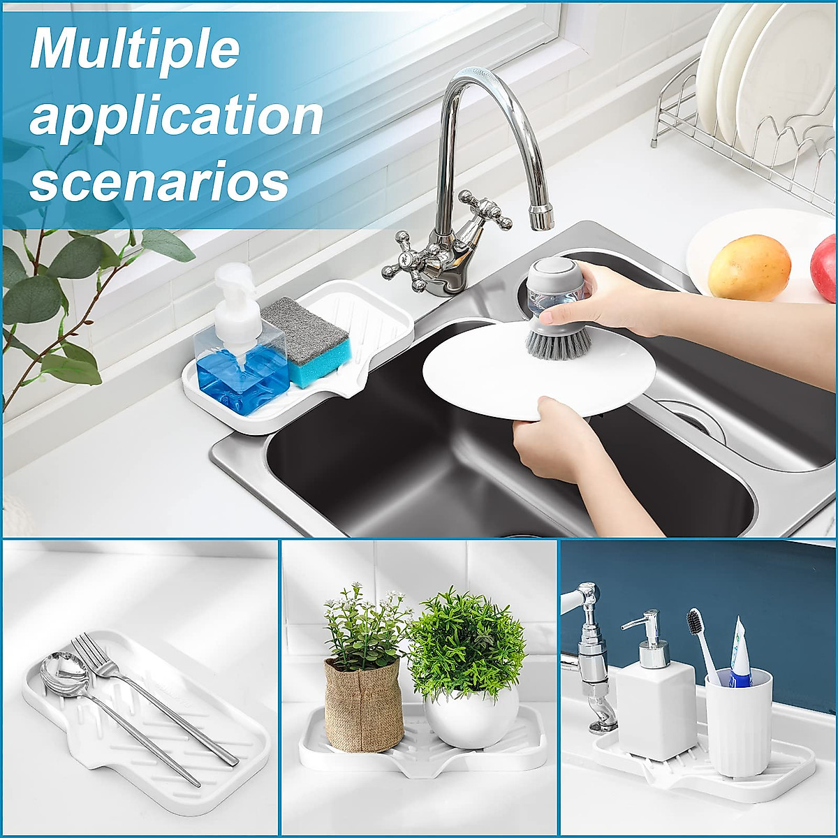 SUBEKYU Silicone Kitchen Soap Tray, Sink Tray for Kitchen Counter/Soap Bottles, Sponge Holder and Organizer with Drain Spout, White, [Size: 9.5 x 5 inch]