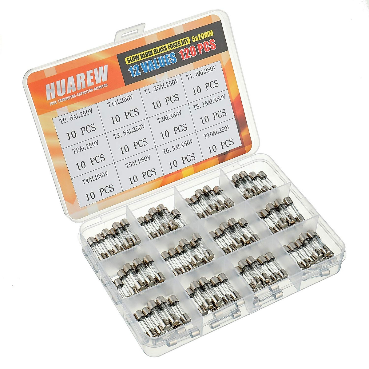 HUAREW 12 Values 120 Pcs 5x20 mm Slow Blow Glass Fuse 0.2 x0.78 Inch 250 V Volt T0.5 T1 T1.25 T1.6 T2 T2.5 T3 T3.15 T4 T5 T6.3 T10 A amp Assortment Kit