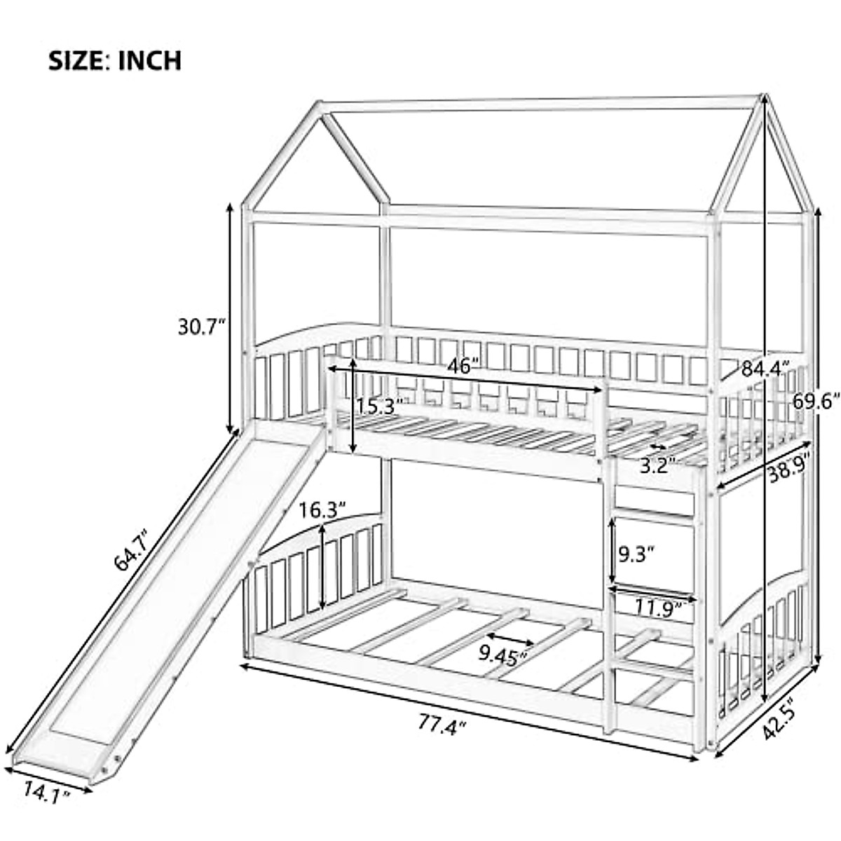 House Bunk Beds with Slide, Twin Over Twin Bunk Bed with Roof, Solid Wood Playhouse Bunk Bed for Kids Girls Boys Teens