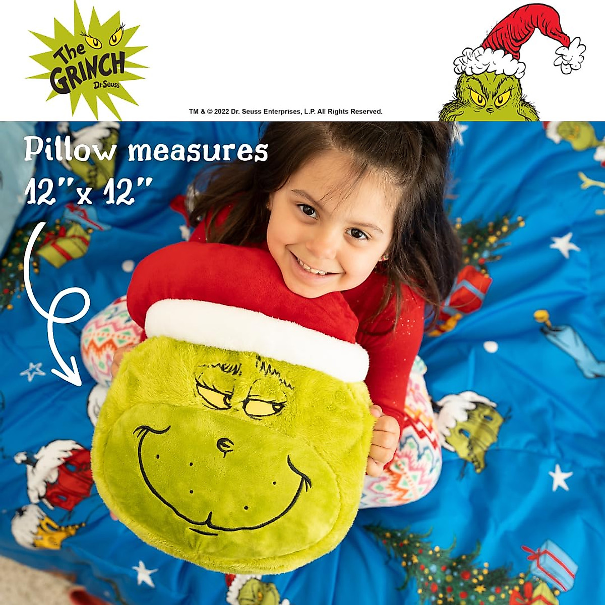 Franco Collectibles Grinch by Dr. Seuss Holiday & Christmas Super Soft Furry Plush Round Decorative Pillow, 12" X 12", (Official Licensed Product)