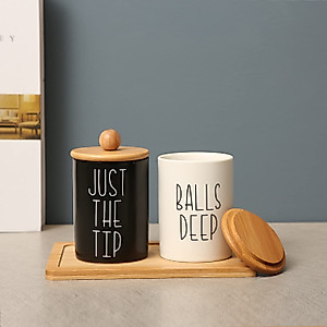 MOMEEMO Apothecary Jars with Lids for Bathroom Organization, Qtip Holder and Cotton Ball Holder are Great for Farmhouse Bathroom Decor, Rustic Bathroom Decor. (Ceramic)