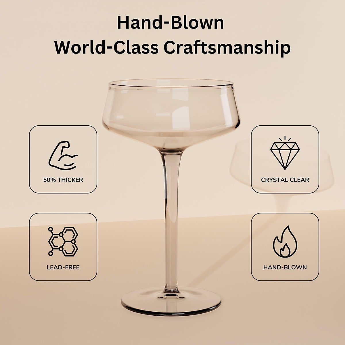 LOUVOR Champagne Coupe Glasses Set of 6-8oz Hand Blown Crystal Martini Glasses with 6 Stainless Steel Cocktail Picks - Versatile Tall Cocktail Glasses & Vintage Cocktail Glasses for Martini & More