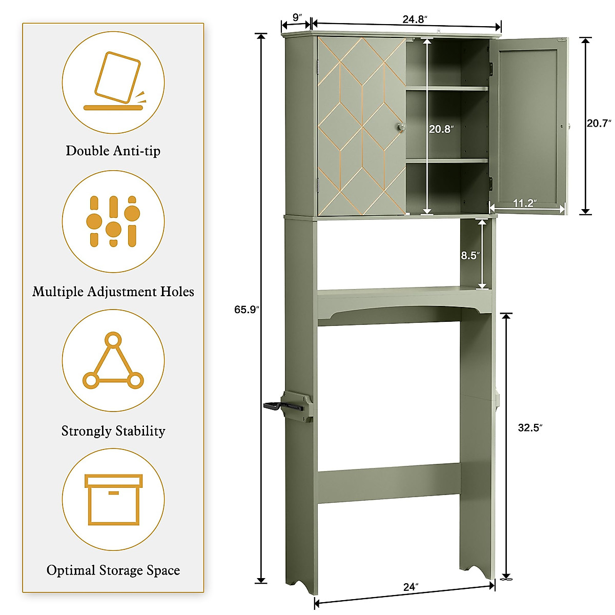 AZODY Over The Toilet Storage Cabinet with Gold Trim, Modern Bathroom Organizer Over Toilet with Adjustable Shelves and Toilet Paper Holder for Bathroom (Green)
