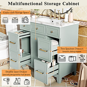 Harper & Bright Designs 36" Bathroom Vanity with Sink, Free Standing Single Basin Vanity Set with Cabinet and 3 Drawers, Modern Wooden Bathroom Cabinet with Ceramic Basin for Bathroom, Green