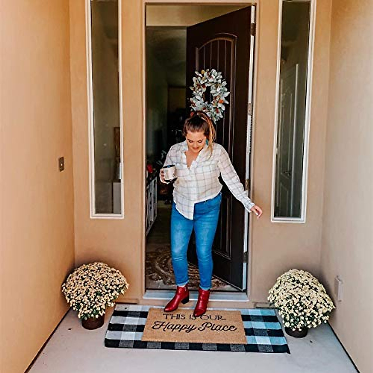 USTIDE Buffalo Check Rug 23.6''x51''Cotton Black and White Plaid Rugs Washable Hand-Woven Checked Doormat Retro Farmhouse Rug