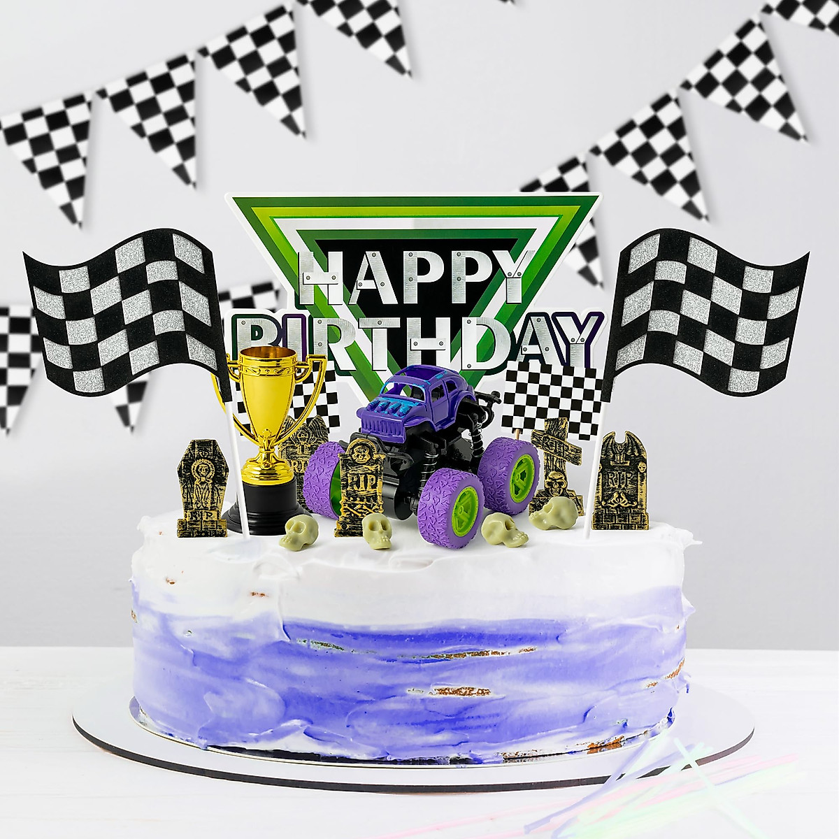 Haooryx Green and Purple Monster Truck Cake Toppers 40Pcs Monster Truck Racing Car Cake Decoration Birthday Dessert Cupcake Cake Topper Decor for Kids Theme Birthday Party Baby Shower Decor Supplies