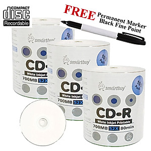 Smartbuy 300-disc 700mb/80min 52x CD-R White Inkjet Hub Printable Blank Media Disc + Black Permanent Marker