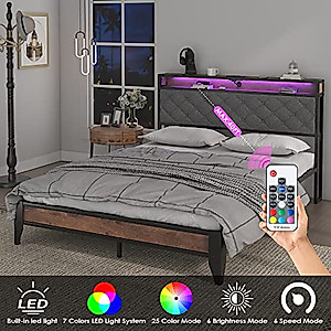 Osfvolr Queen Bed Frame with Charging Station and LED Light, Platform Bed Frame with 2 Tier Storage Upholstered Linen Headboard, Heavy Duty Metal Structure, 12 inch Under Bed Storage, Noise Free