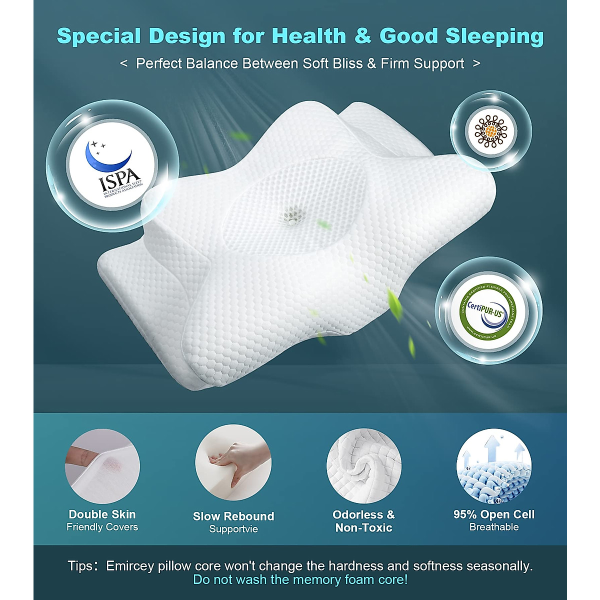 Emircey Adjustable Cervical Pillow for Neck and Shoulder Pain Relief, 3X Plus Support Hollow Contour Memory Foam for Sleeping, Odorless Orthopedic Bed Pillows for Side, Back, Stomach Sleeper