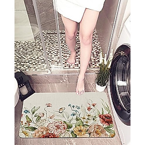 Retro Flowers Bath Mat for Tub,Non Slip Bathroom Floor Runner Rug Quick Dry & Absorbent Diatomaceous Earth Kitchen Shower Sink Washable Doormat,Rustic Fall Winter Rose Florals Spring Plant 20"x32"