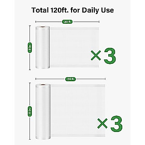 Kootek Vacuum Sealer Bags, 3 Rolls 8"x20' and 3 Rolls 11"x20' (6 Pack, Total 120 feet), Commercial Grade, BPA Free Food Vac Bags Rolls for Storage, Meal Prep or Sous Vide