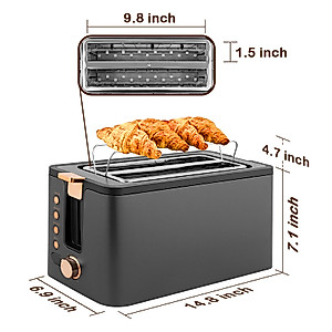 Mecity 4 Slice Toaster, Long Slot Toaster With Warming Rack, Bagel/Defrost/Reheat Functions,Warming Rack, Crumb Tray, 6 Browning Settings, Extra Wide Long Slots, Stainless Steel, 1300W,Grey