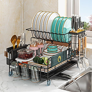 slhsy Dish Drying Rack for Kitchen Counter,Detachable 2 Tier Stainless Steel Dish Strainers with Utensil/Cup/Cutting-Board Holder and Knife Block Rust-Proof Dish Drainer，Black