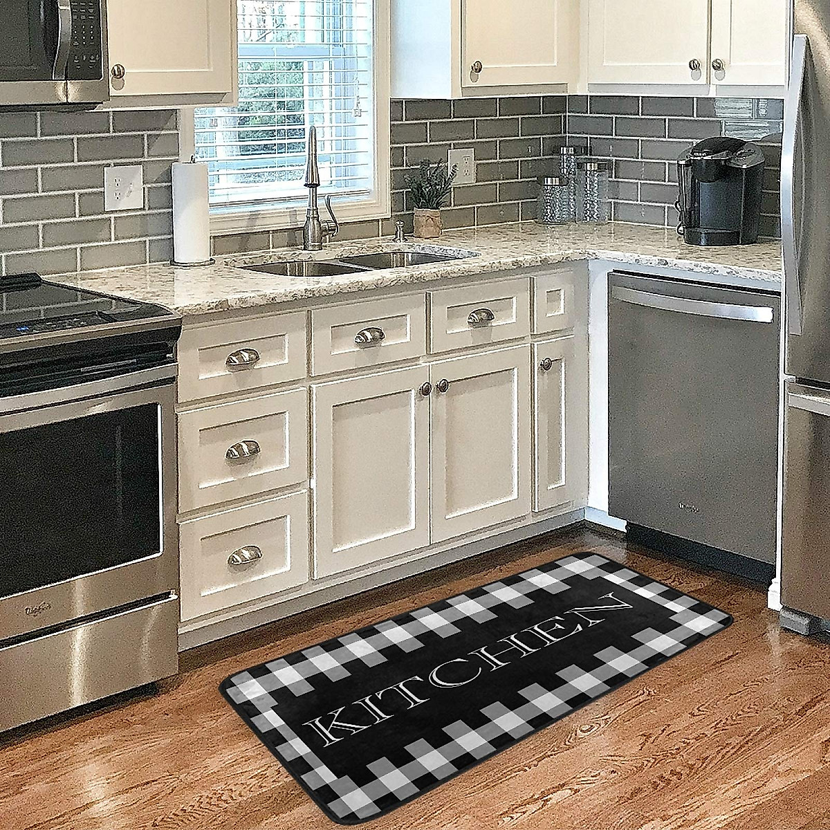 Kitchen Rug Black and White Kitchen Buffalo Plaid 39 x 20 Inch Non-Slip Anti Fatigue Comfort Entryway Door Mats Perfect Carpet for Home Decor