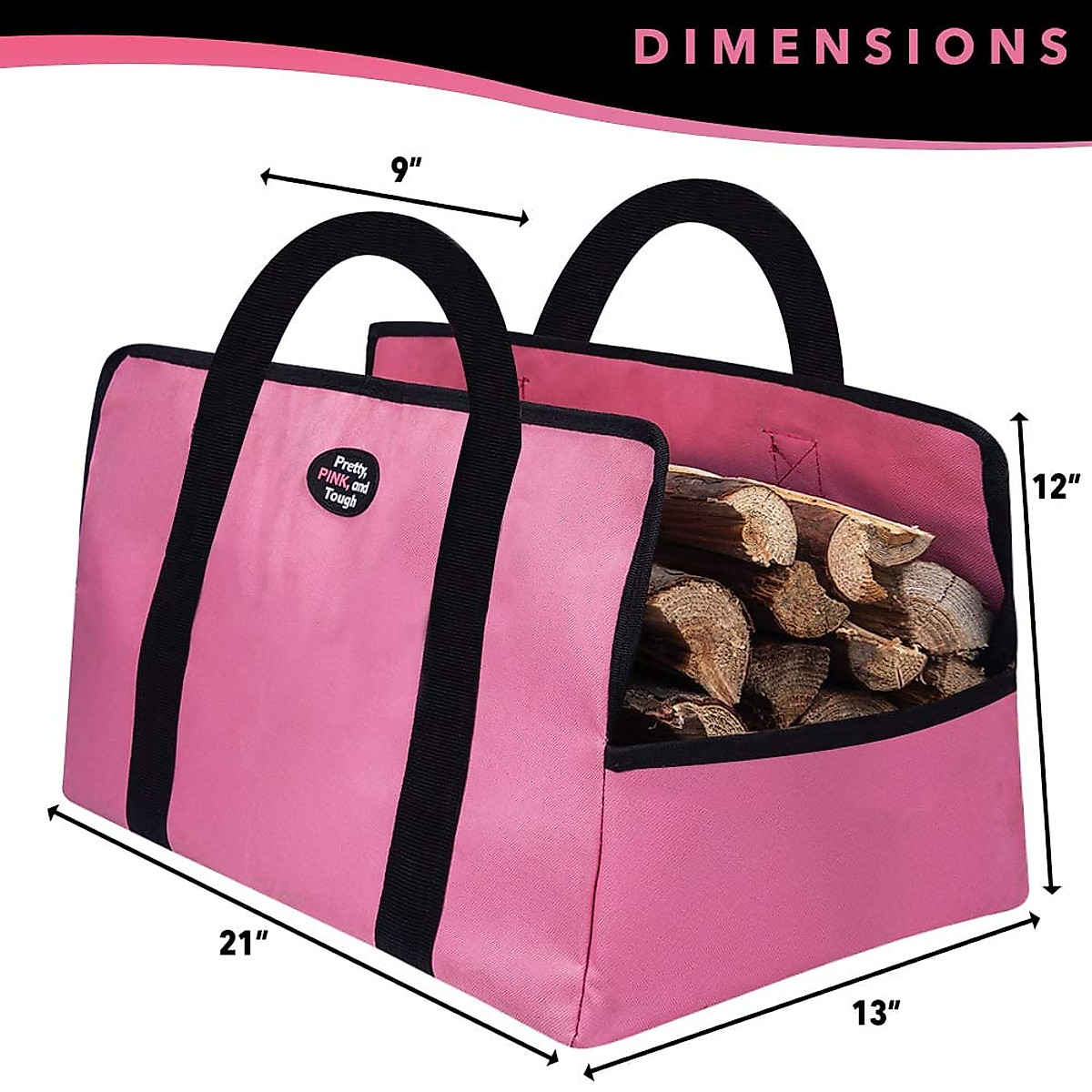 Firewood Tote Bag - Oxford Fabric Log Carrier with Handles & Heavy Duty Straps - Large Durable Wood Holder with Wide Opening - Wood Stove & Fireplace Accessories - 21 x 13 x 12 Inch, Pink